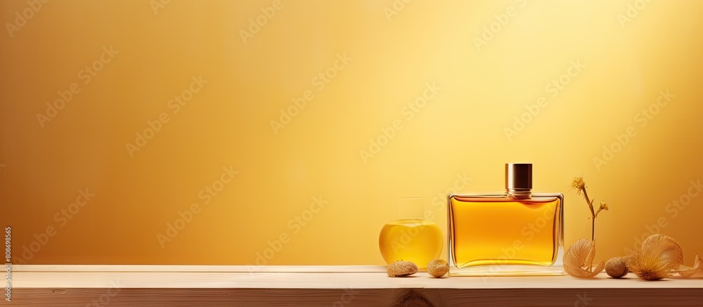 Front view of a wooden showcase set against a yellow background ...