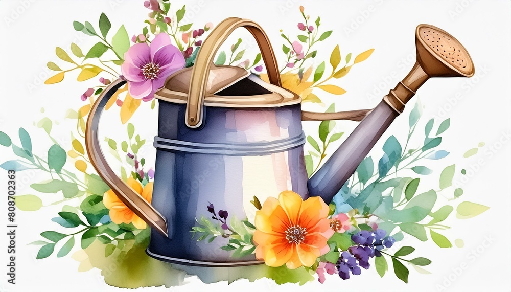 Garden watering can, watercolor clipart illustration with isolated ...