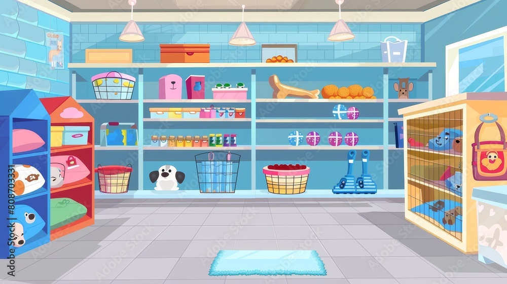 Animated pet shop interior with toys and food to buy. Business with ...