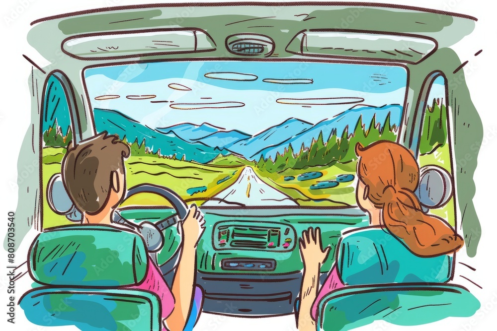 Cartoon cute doodles of a family road trip, with parents driving and ...