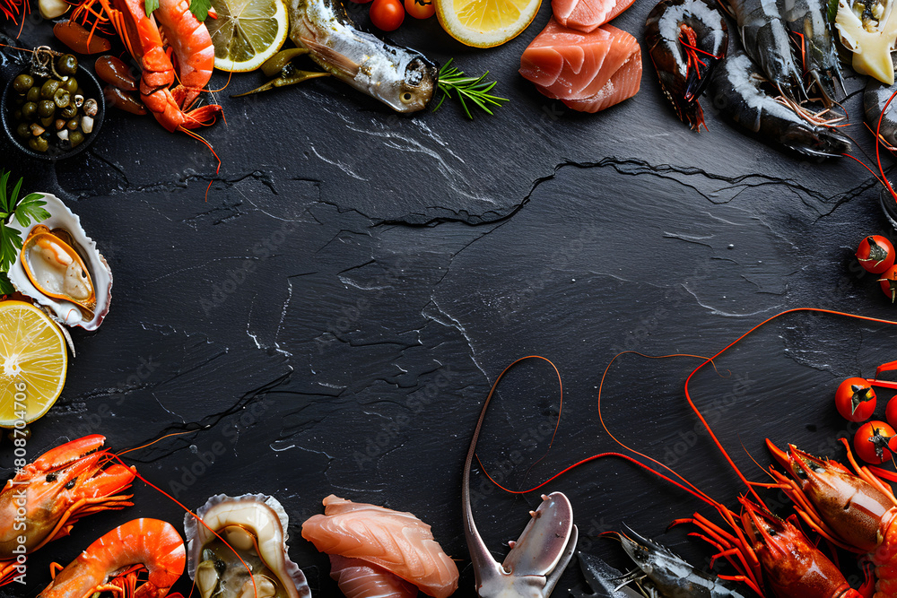 Seafood frame on the black stone background, Blank Copy-Space at the ...