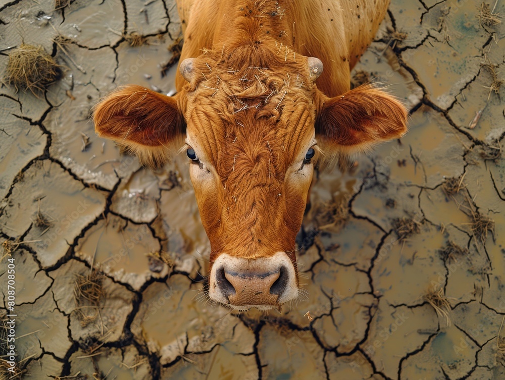 High angle view of an old ox with its head in the center of the image ...