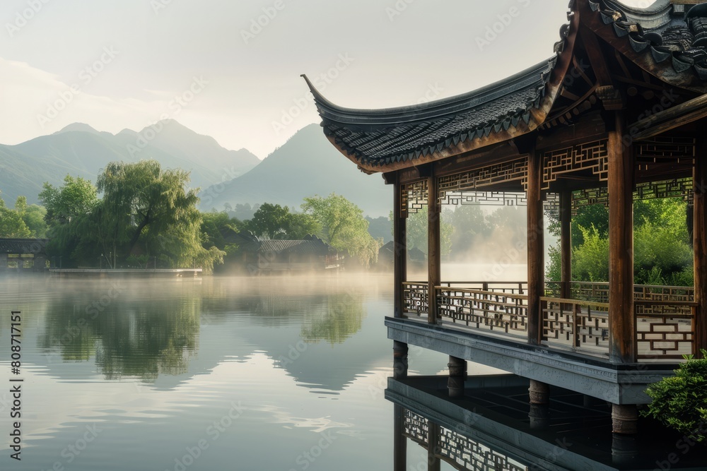 A serene Chinese lakeside pavilion with curved eaves, wooden pillars ...