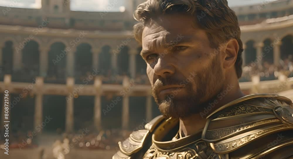 King in golden armor with trimmed beard regal yet fierce in arena ...