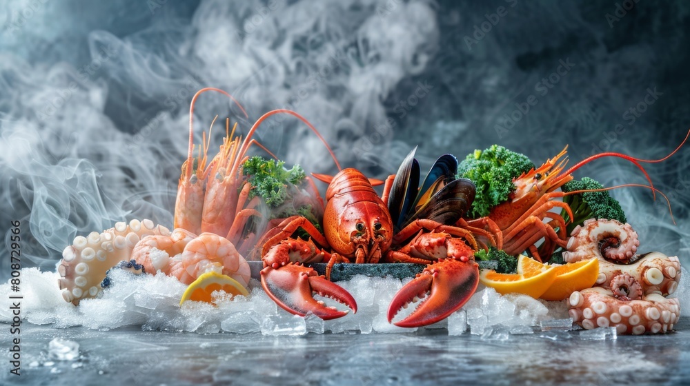 Front view of variety of fresh luxury seafood, Lobster salmon stone ...