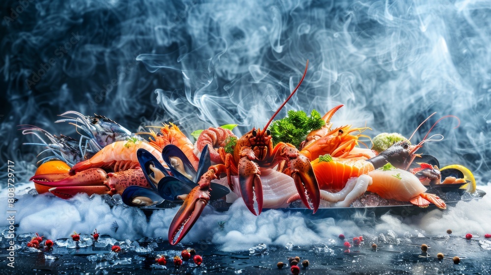 Front view of variety of fresh luxury seafood, Lobster salmon stone ...