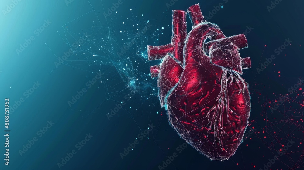 The abstract red human heart is shown in a geometric background with a ...