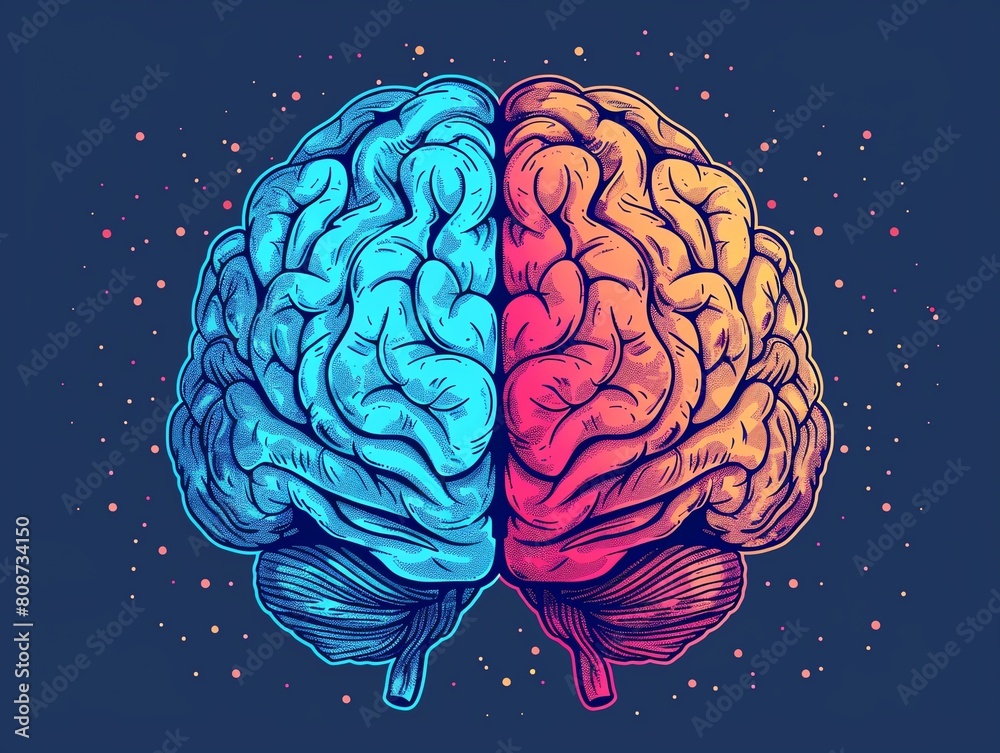 A digital illustration of a human brain. The brain is split in two ...