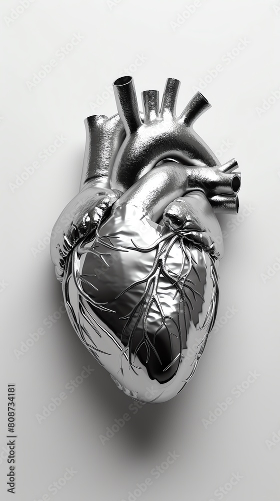Generate a 3D rendering of a heart made of silver. The heart should be ...