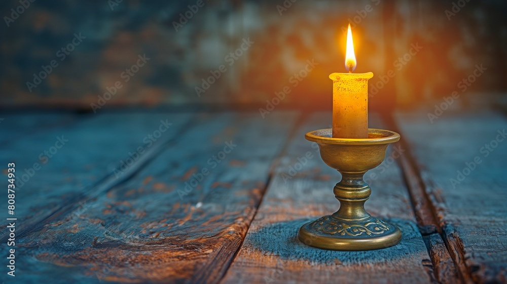 Poster Print An antique brass candle stand set against a backdrop of dark timber with a burni 40x22.2 cm