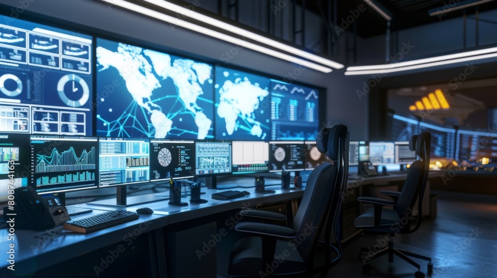 Command center with multiple screens displaying ERP dashboards, surrounded by a high-tech ...