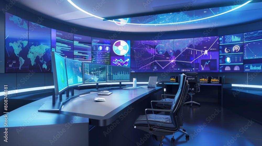 Command center with multiple screens displaying ERP dashboards, surrounded by a high-tech ...