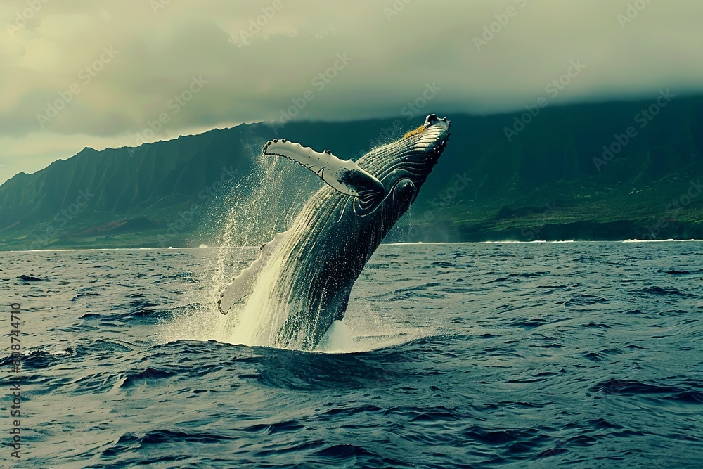 Humpback whale jump. Filmed in the National Marine Sanctuary. A ...