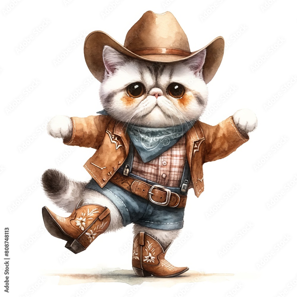Watercolor illustration of an Exotic Shorthair cat dressed as a cowboy ...