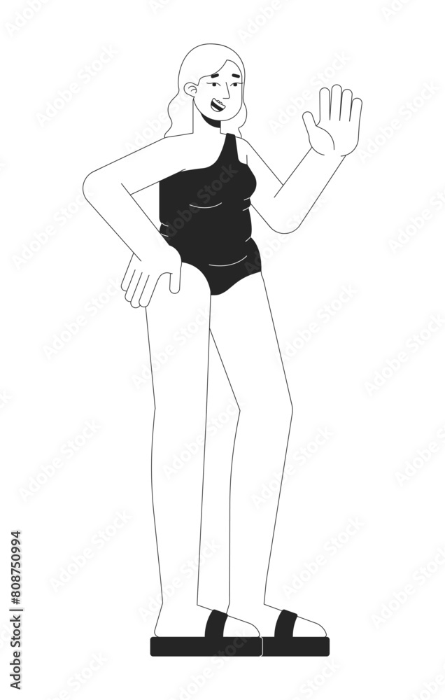 Pretty plus sized woman in swimsuit black and white 2D line cartoon ...