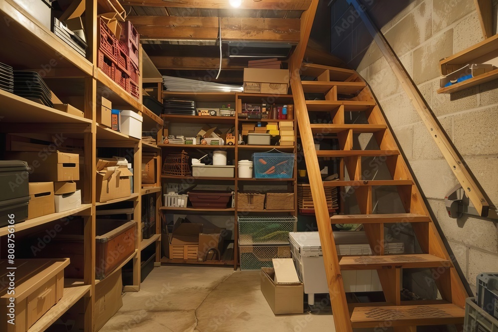 cluttered basement storage room with shelves boxes and wooden stairs ...