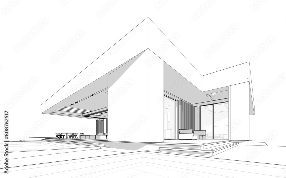 3d rendering of new concrete house in modern style with pool and ...