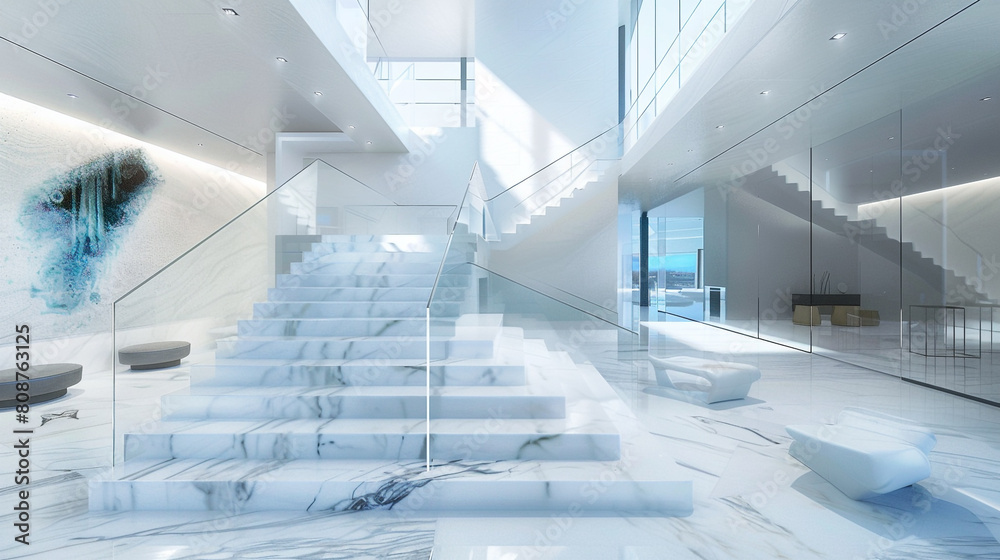 Modern minimalist entrance hall with a crystal white marble staircase ...