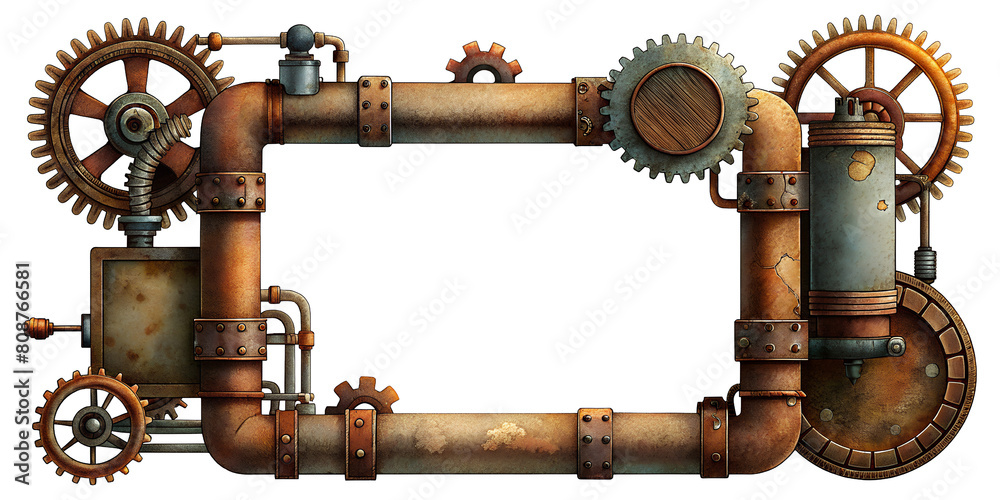 Frame Steampunk With Rusty Pipes And Gears Illustration In Grainy