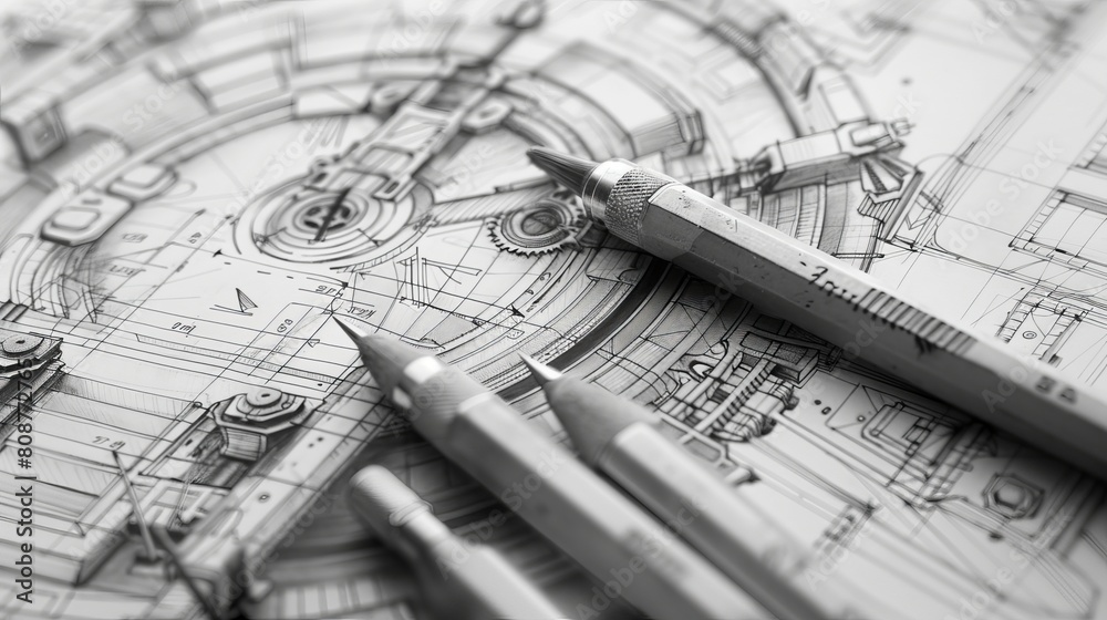 Visualize a scene where intricate engineering schemes and architectural ...