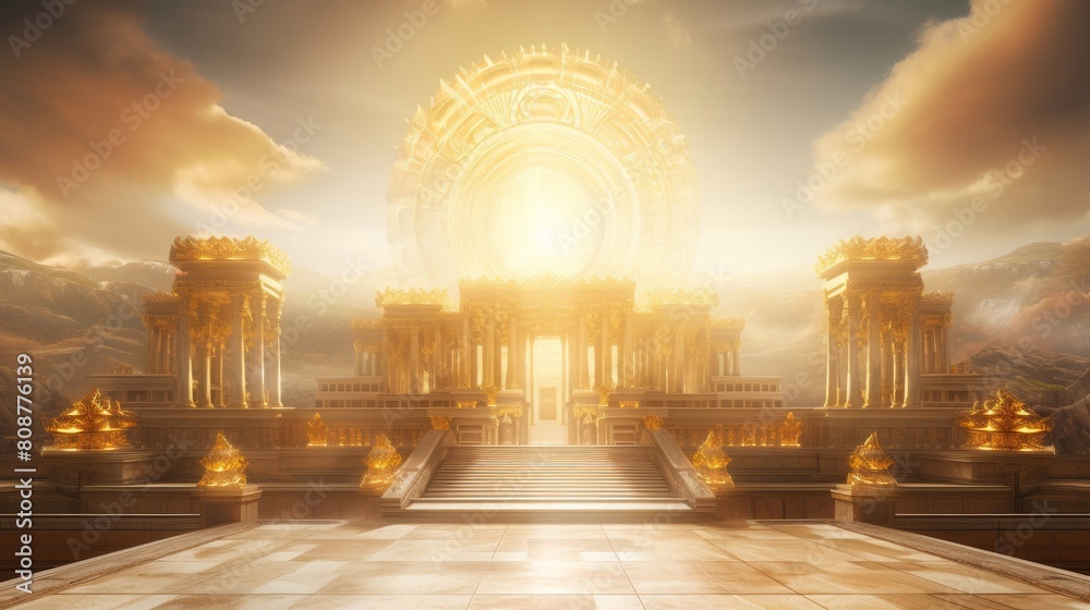 Golden beams illuminate Palace of Helios in sky Stock Illustration ...