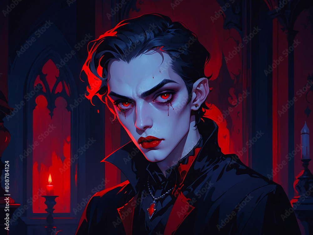 Illustration of a handsome male vampire who has red glowing eyes, AI ...