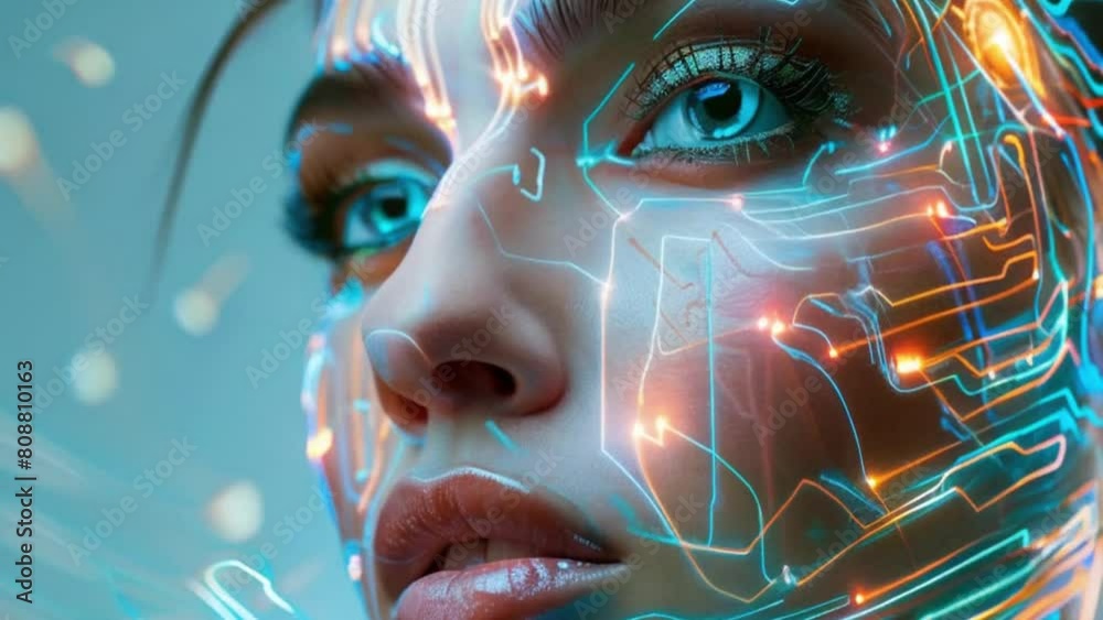 AI, Machine learning, beautiful woman robot cyborg digital technology on brain concept machine ...