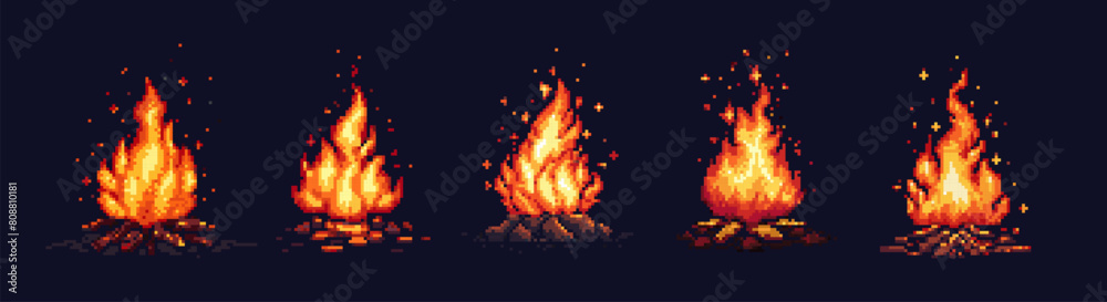 Pixel art campfire. Red bonfire, fire wood burning with big flame and ...