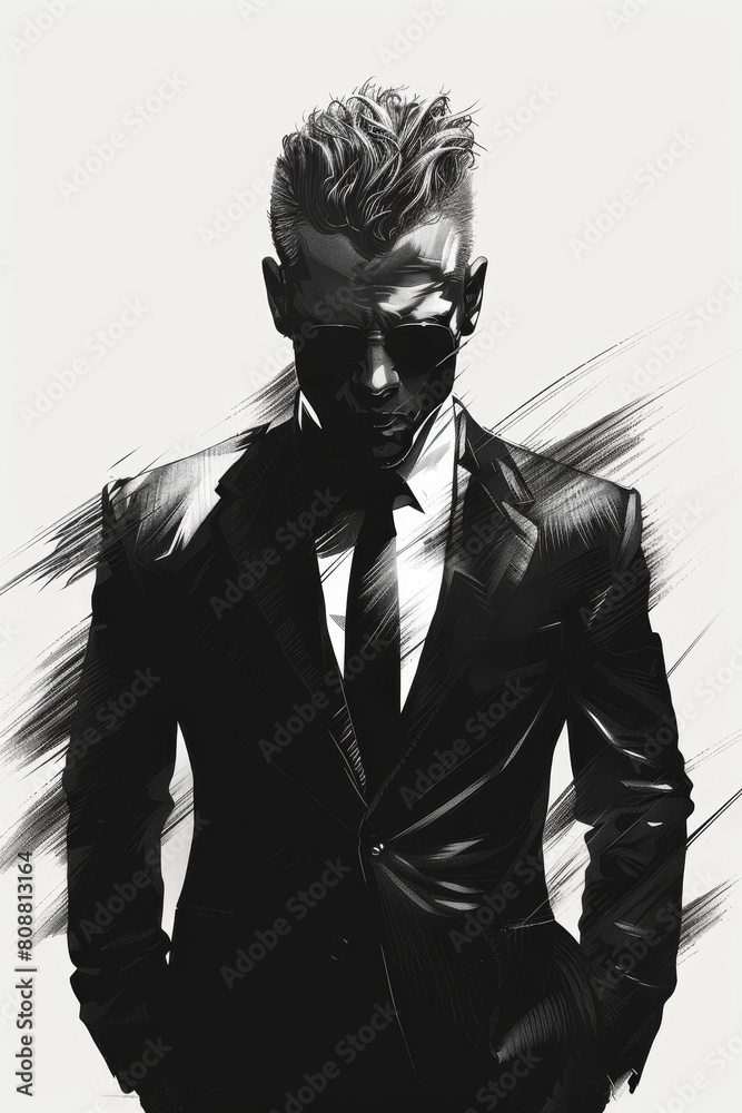 Detailed illustration of a skinhead gangster in suit with minimal ...