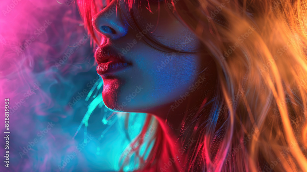 Beautiful young party woman face with various colors and lights with ...