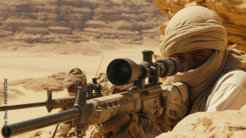 Special forces sniper in ghillie suit with a high-precision rifle with ...