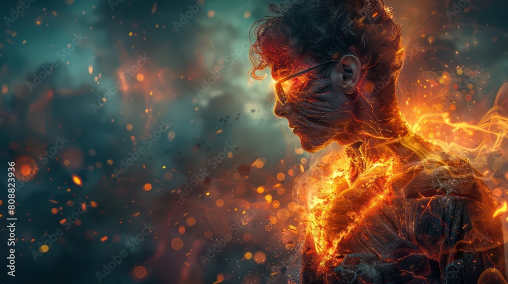 A human chest with an exploding heart inside, medical illustration, the ...