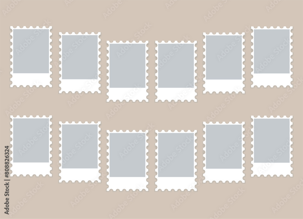 12 empty photo frames from postage stamps. Set of photo cards for ...