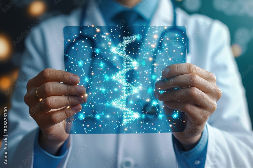 Medical technology. Doctor holding health icon with dna, electronic ...