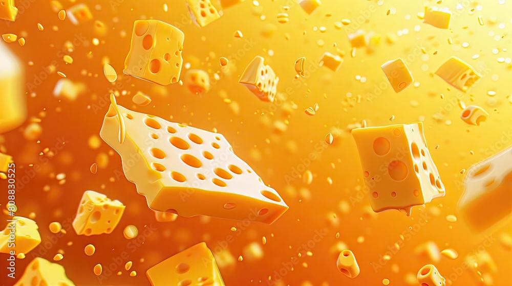 Solid orange background with cheese slice floating around randomly, 3d ...