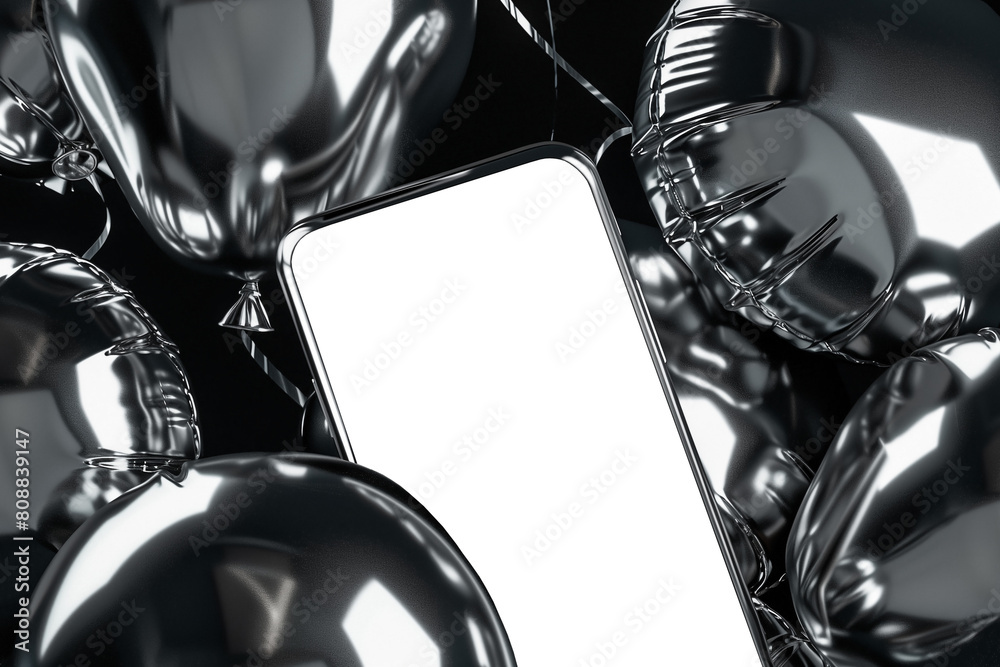 Smartphone with metallic balloons background. Mobile phone mockup with ...