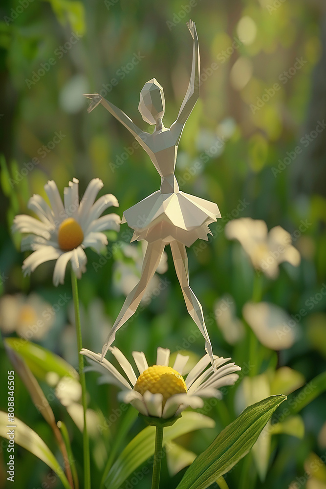 3d ballerina dancing on a daisy flower in forest made with generative ...