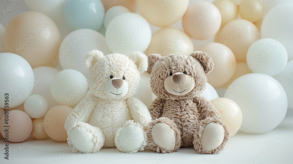 Charming scene of two teddy bears surrounded by a cluster of balloons ...