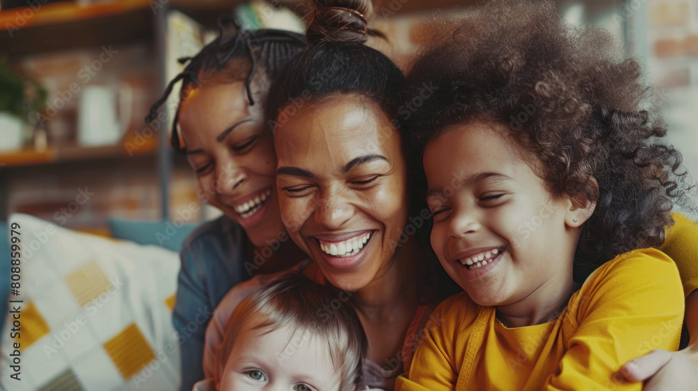 Happy lesbian multiethnic couple in love with childen at home. Family ...