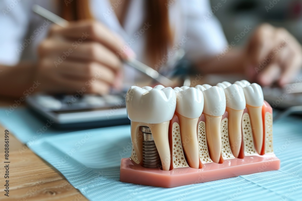 Dental implant models displayed on a desk, aiding students in ...