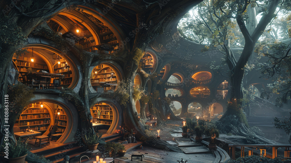 Froggy scholars gather in a library carved within a hollowed-out tree ...