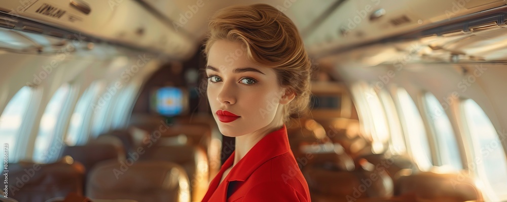 Female flight attendant or stewardess wearing classic red uniform in a ...
