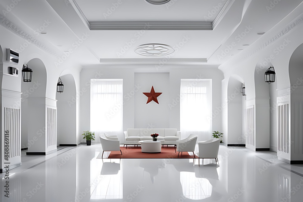 Minimalist white-themed interior design reminiscent of a Soviet-era ...