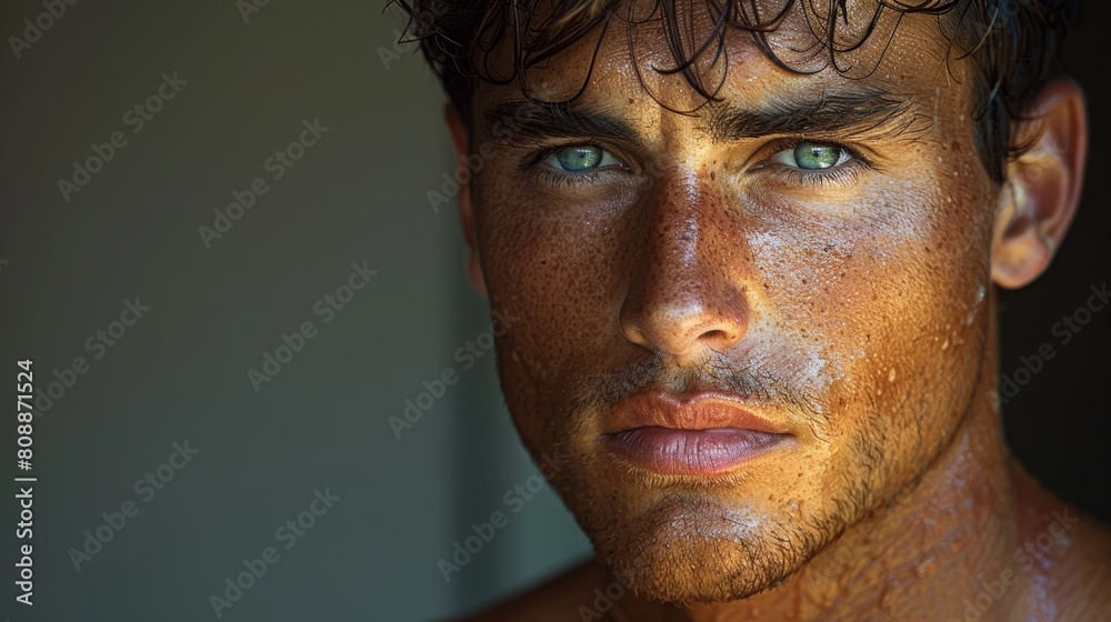 The torso of a young man is shown in half in this portrait Stock Photo ...