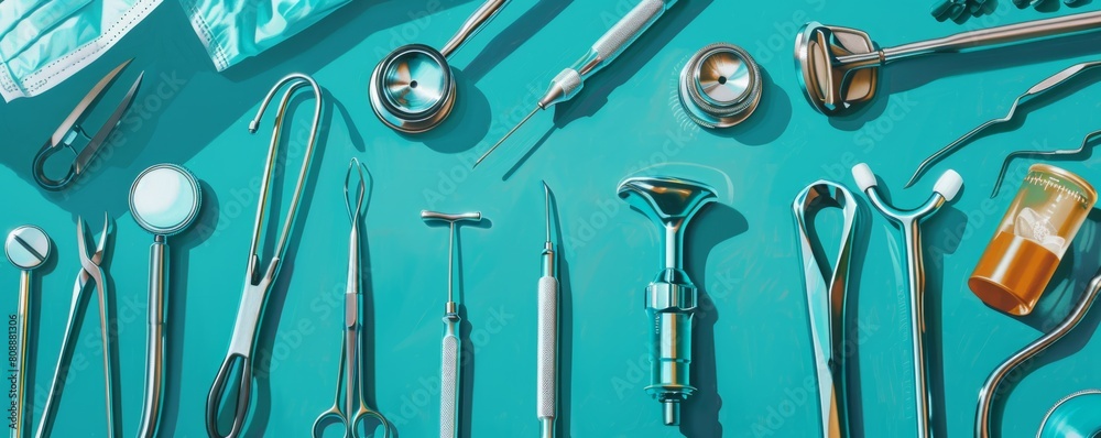 Vivid, high-detail illustration of an array of surgical instruments ...