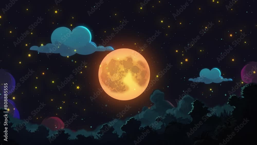 Animated 2d Cartoon With Night Sky View, Loop Animation Of Clouds Night ...