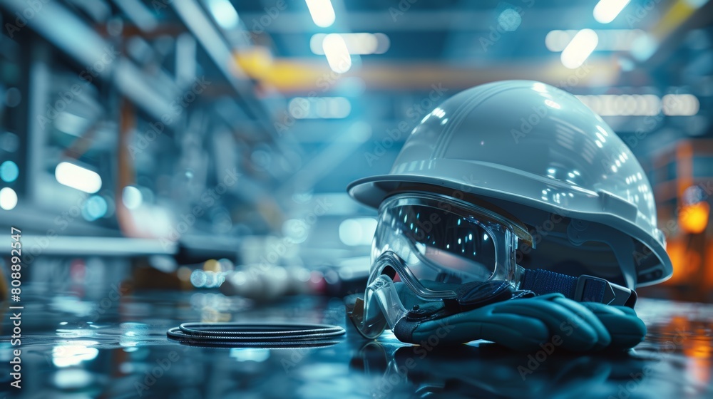 Professional safety gear on display in an industrial setting ...