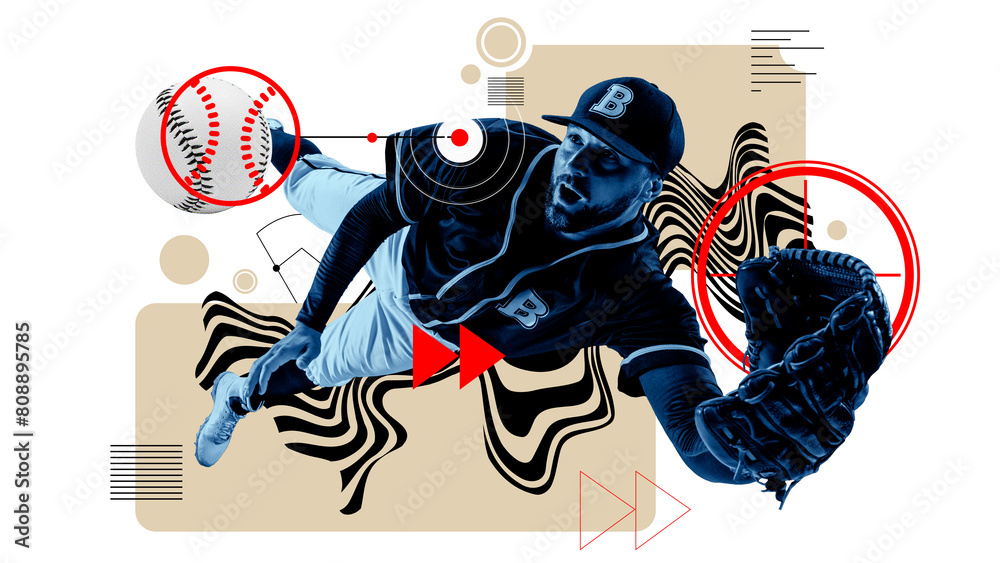 Dynamic image of man, baseball player in motion, catching ball in jump ...