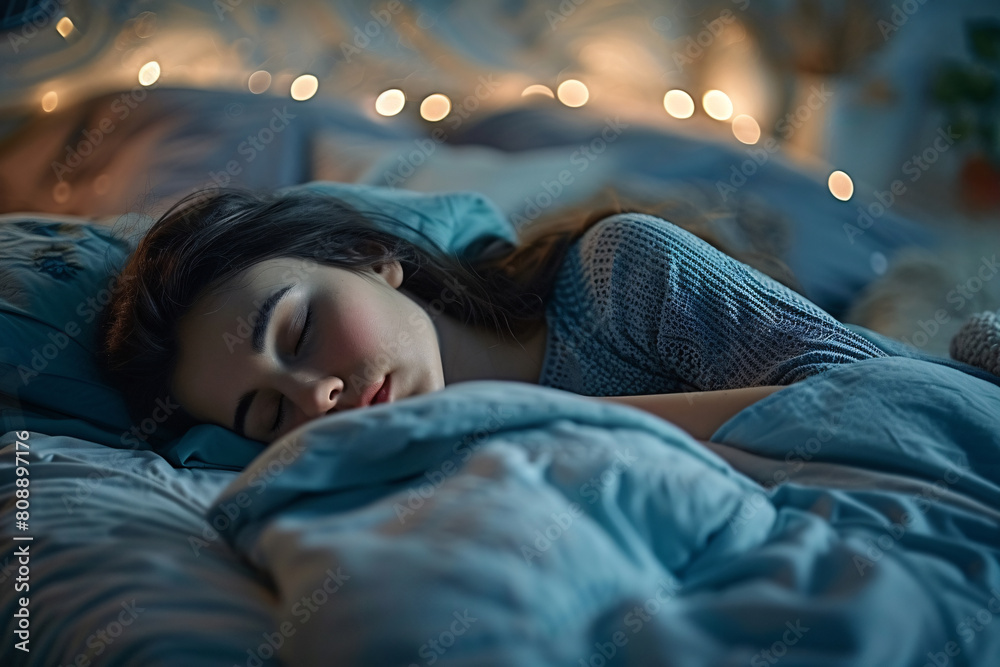 close up young caucasian woman sleeping in bed at night. white female ...