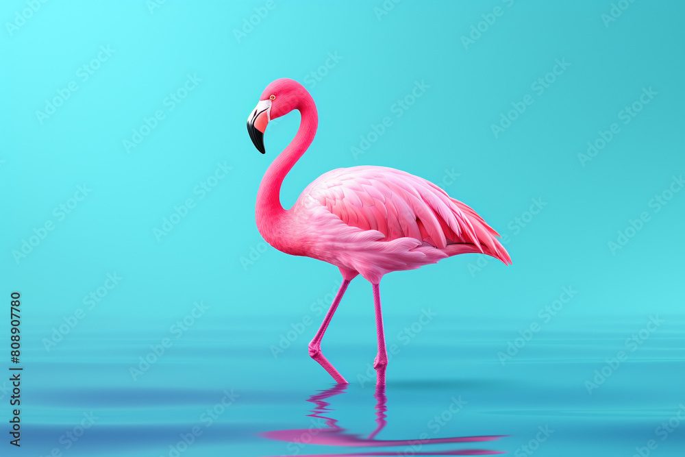 Pink Flamingo in flat design top view summer theme 3D render ...
